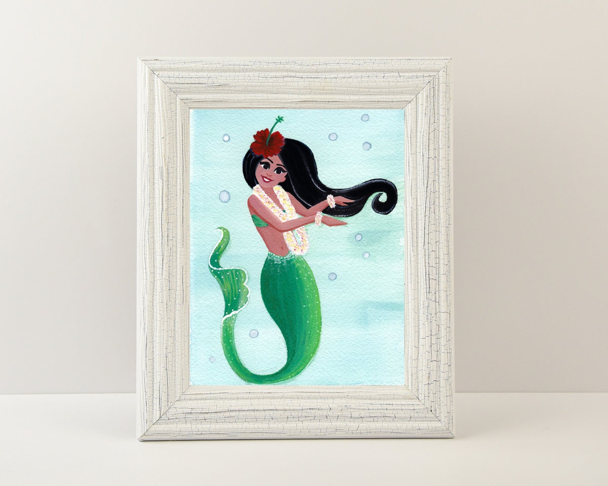 Hula Mermaid Art Print, Bright Green Underwater Illustration, Hawaiian ...