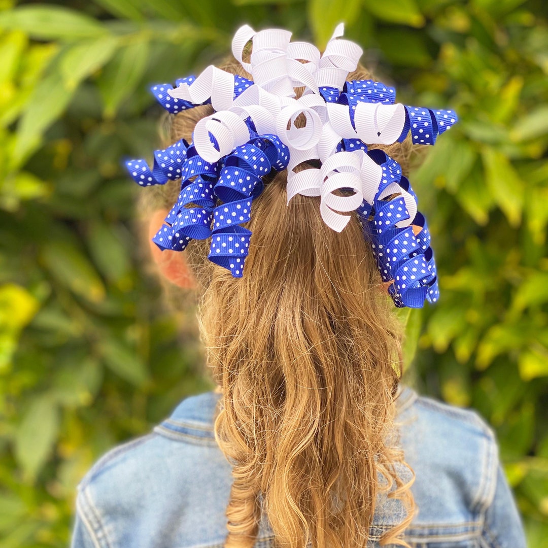 Cute Softball Hairstyle, Blue White Polkadot Ponytail Streamer, Royal ...