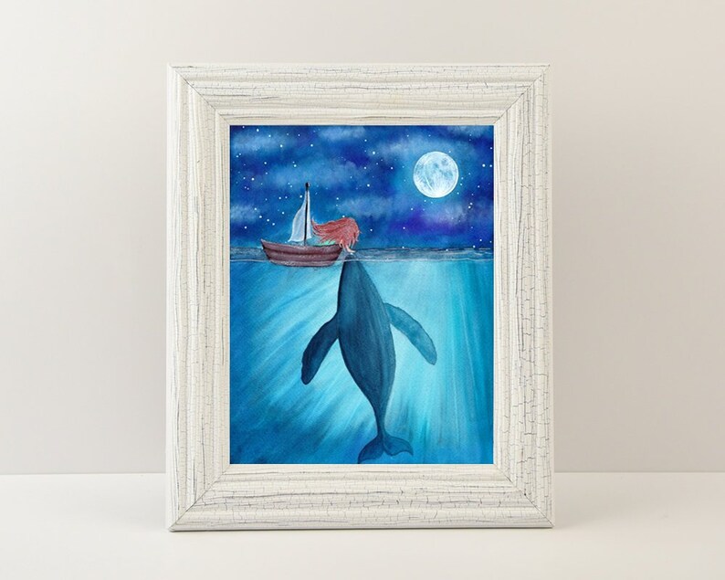 Whale And Girl In Boat Marine Life Watercolor Print Etsy