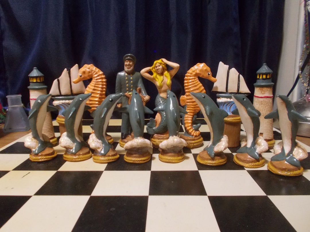 Seaside Chess Pieces. Seahorse, Captain at the Wheel, Mermaid, Sailing ...