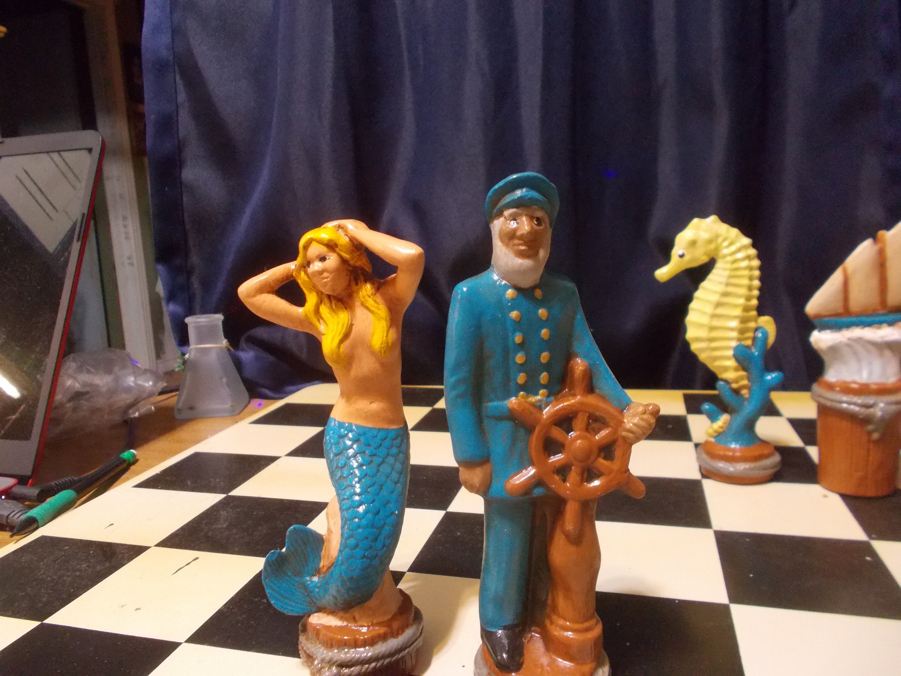 Seaside Chess Pieces. Seahorse, Captain at the Wheel, Mermaid, Sailing ...