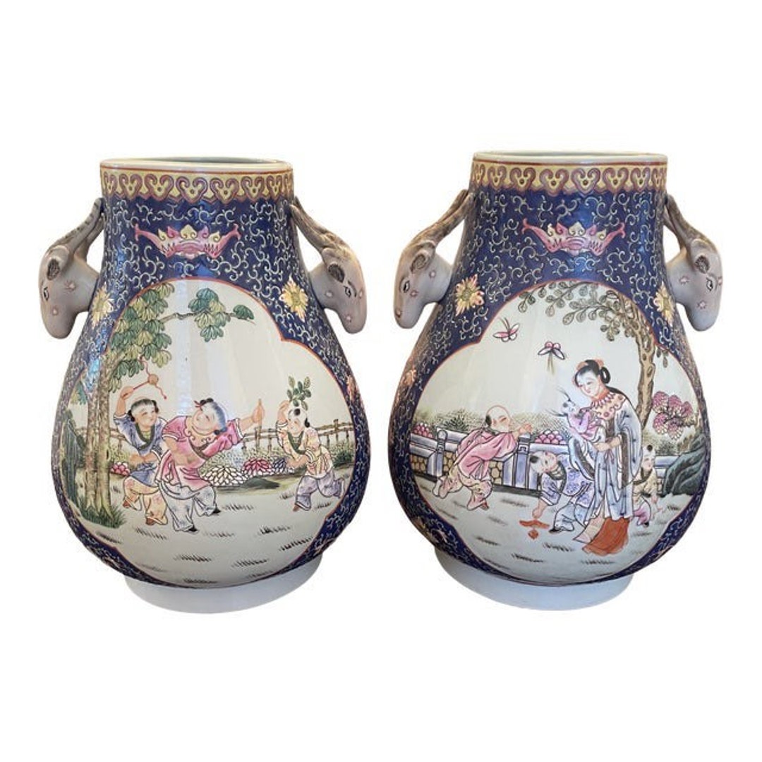 Vintage Asian Cachepots: Pair of Large Goat Head Planters - Etsy