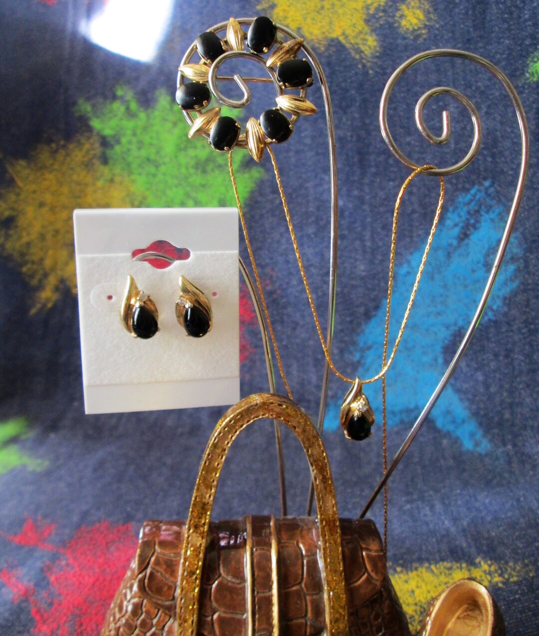 Taiwan Parure Black Onyx W/ Cubic Zirconia Pendant Necklace Earrings ...