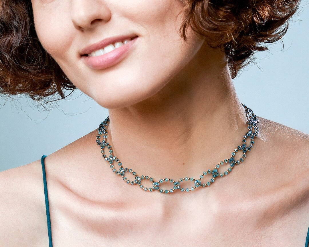 Bijoux Art Deco Crystal Necklace, Delicate Gold Aquamarine Blue Bead ...
