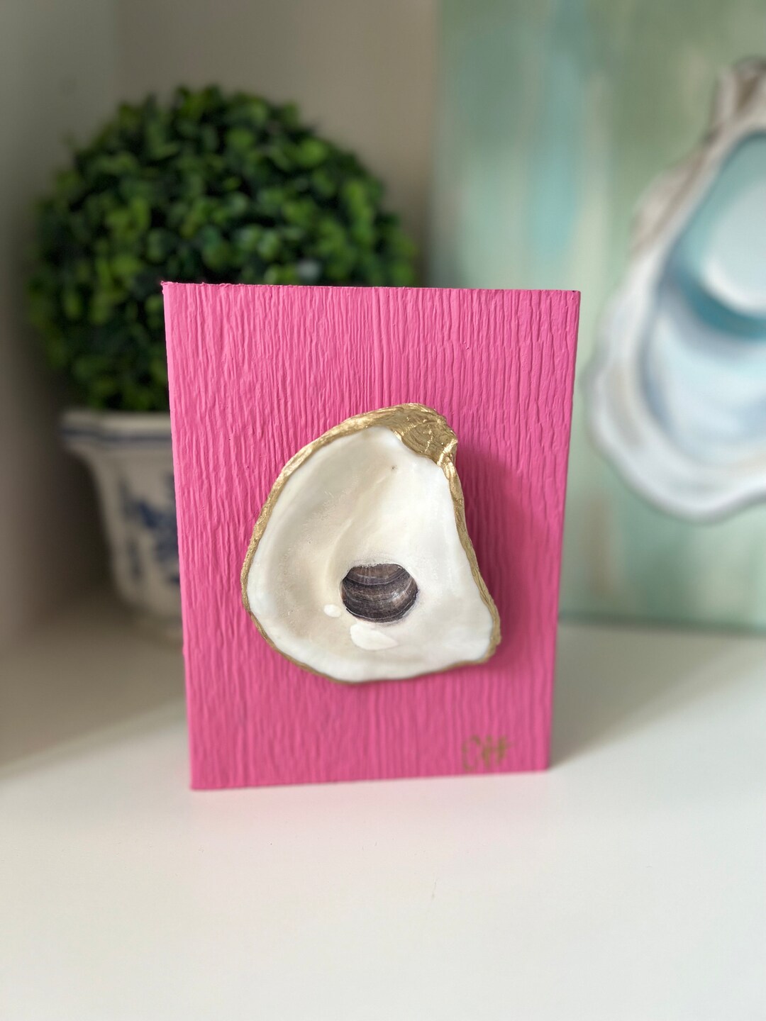 Hand Painted Oyster Shell on Wood . Oyster Decor . Gold Oyster Decor on ...