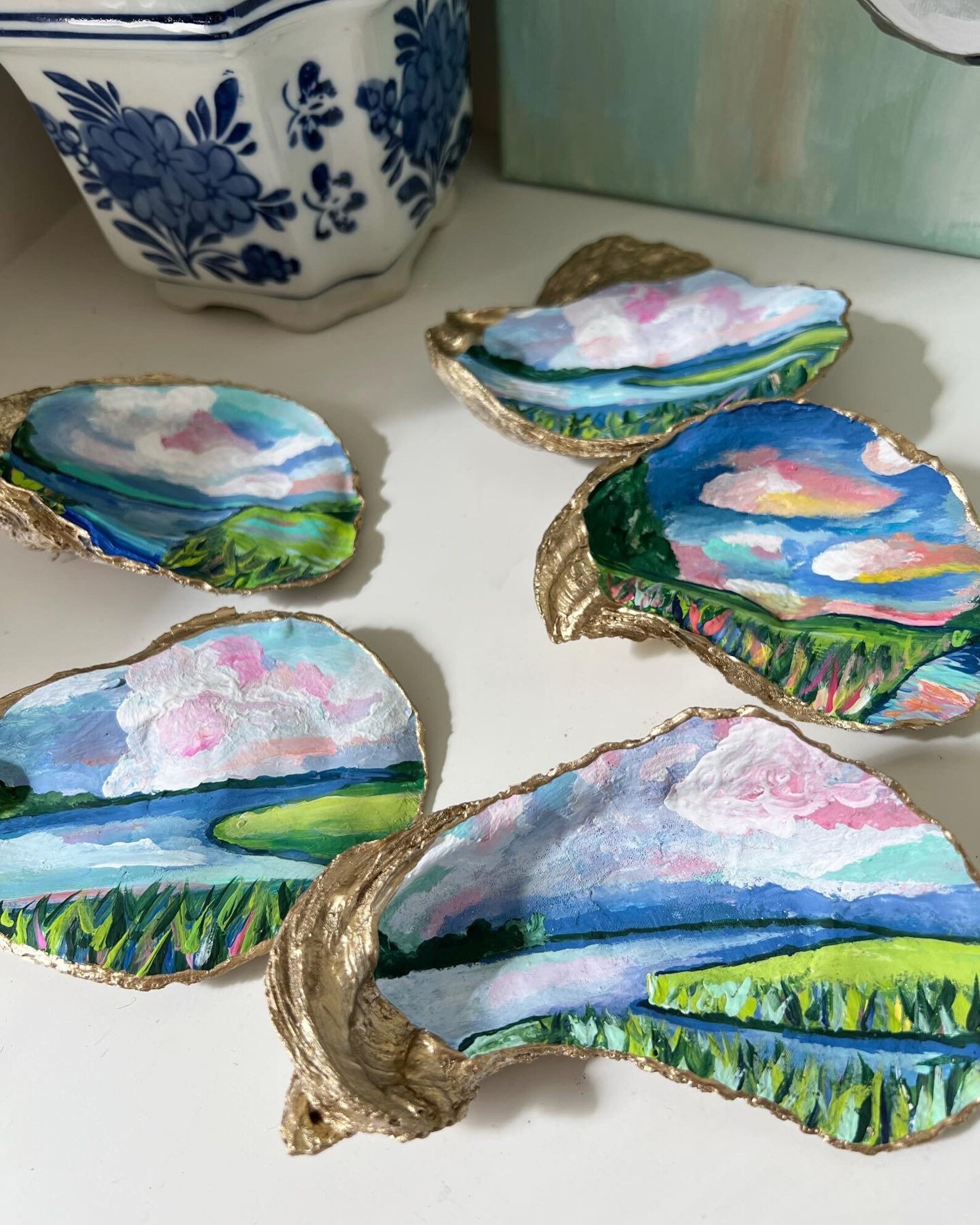 Hand Painted Oyster Shells . Marsh Coastal Painting . Marsh - Etsy