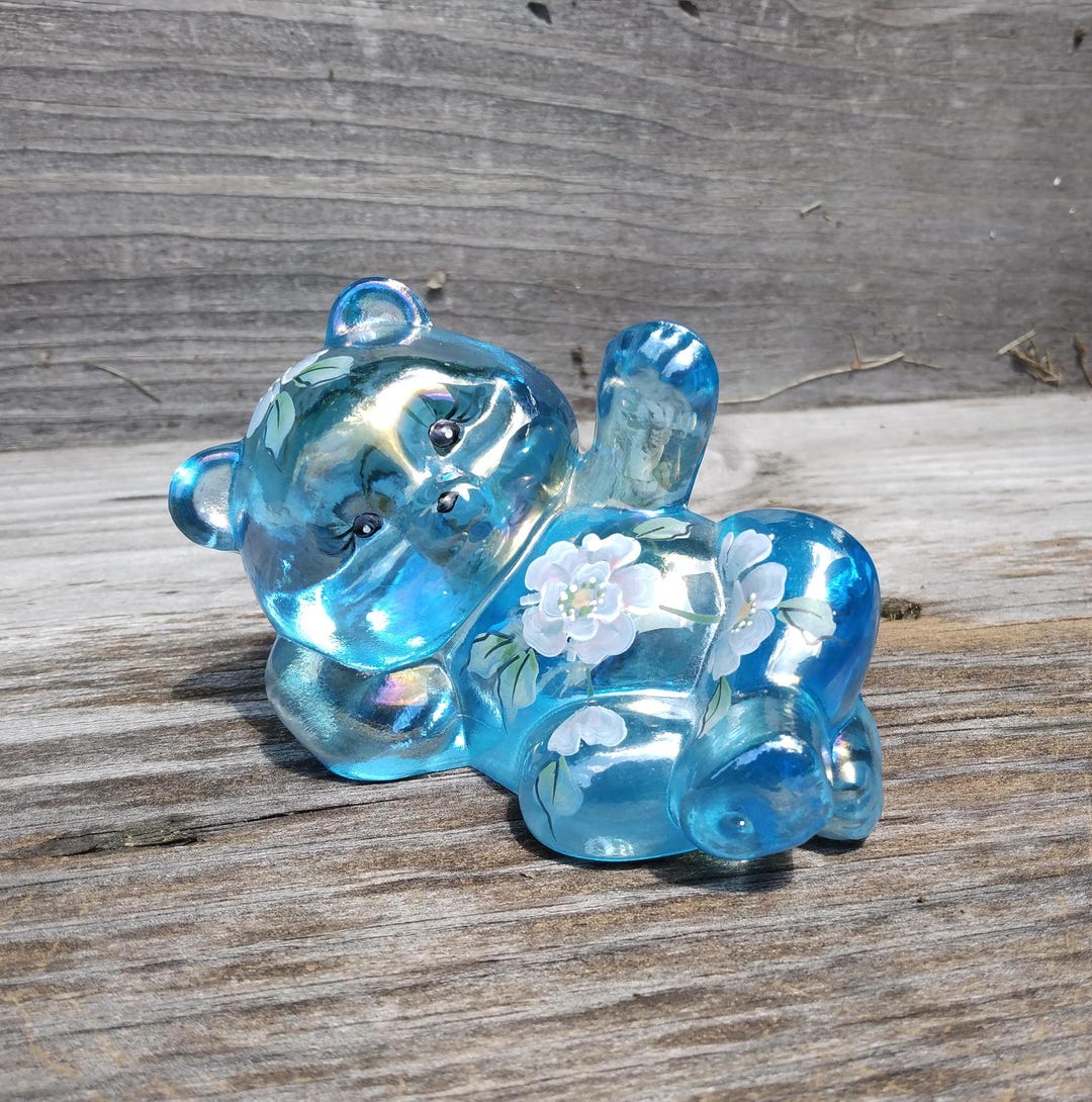 Fenton Iridescent Blue Bear Reclining Hand Painted Signed S Hart. - Etsy