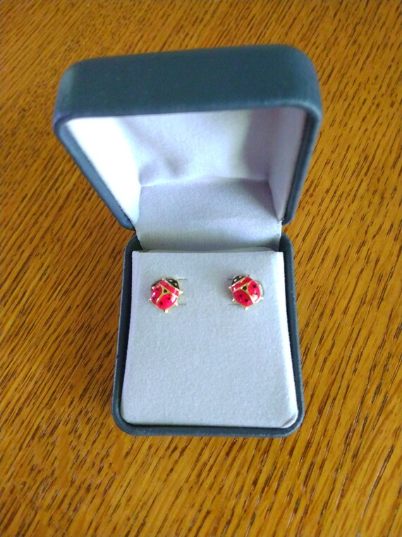 14k Gold Enamel Ladybug Earrings in Original Box - Gem