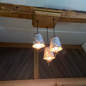Rustic Farmhouse Three Light Fixture With Olive Bucket Shades, Wooden ...