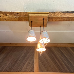 Rustic Farmhouse Three Light Fixture With Olive Bucket Shades, Wooden ...