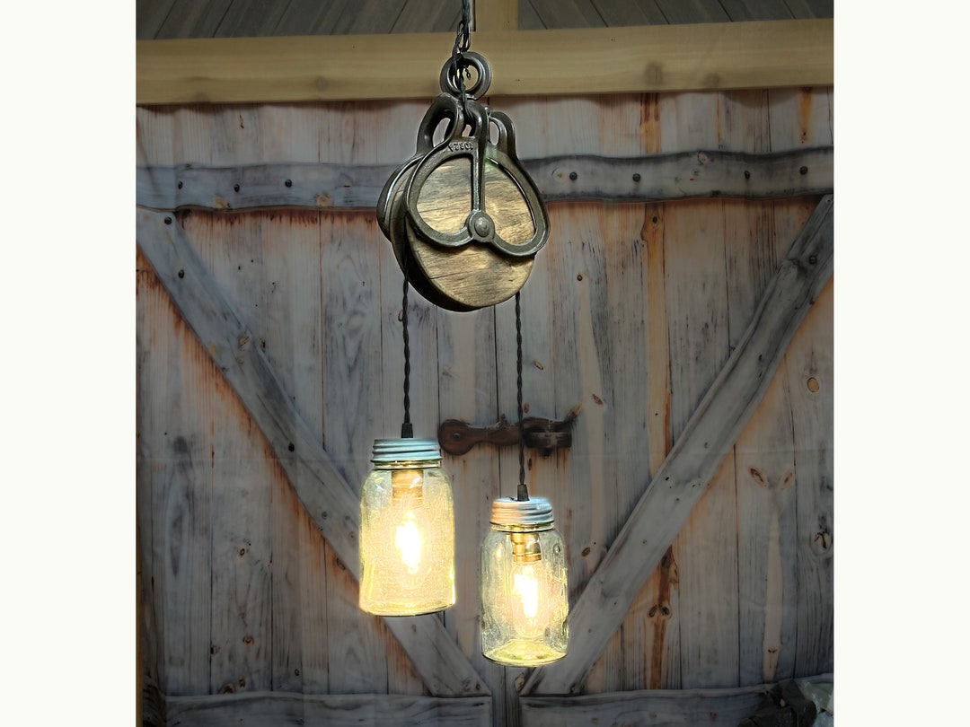 Rustic Farmhouse Pendant Lighting, With Antique Farm Pulley and Vintage ...