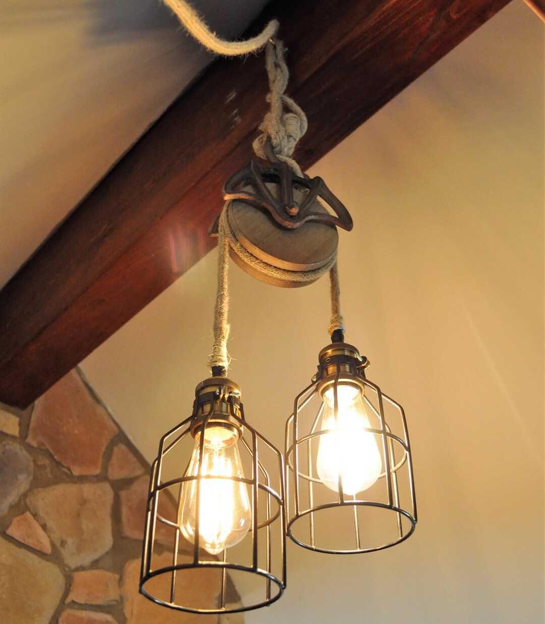 Rustic Farmhouse Pulley Lighting. Pendant Light Made With - Etsy
