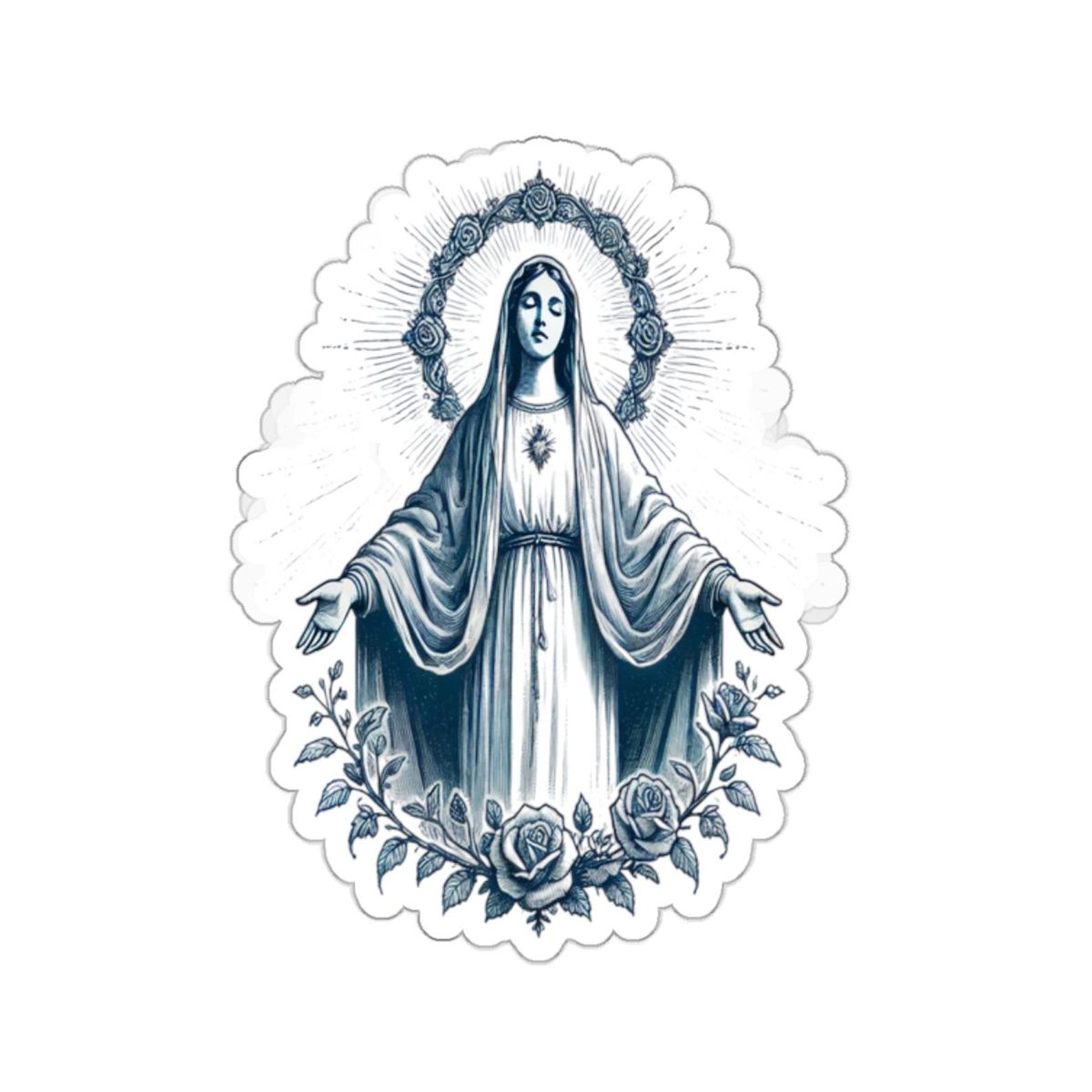Blessed Virgin Mary Sticker - Vintage Blue Rose Halo Design, Catholic ...