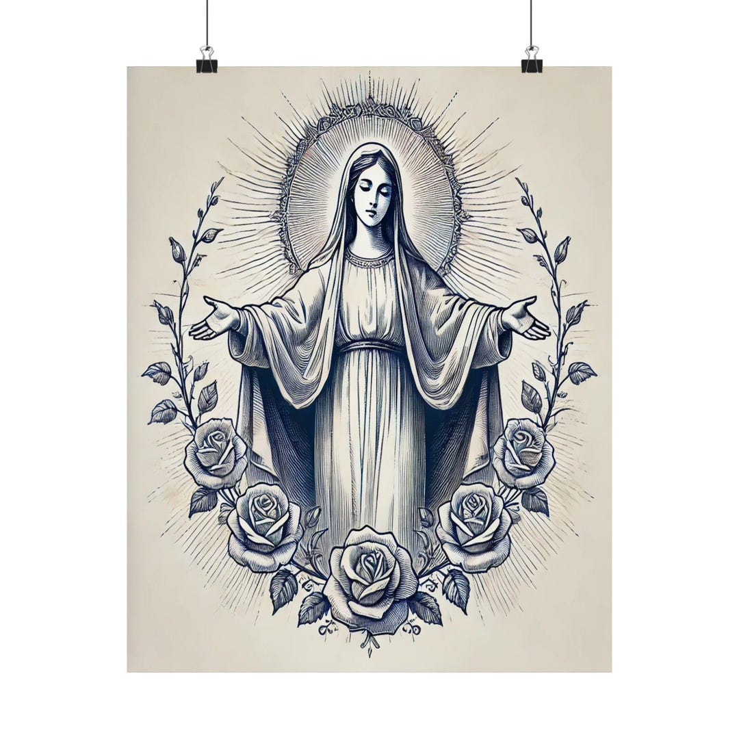 Blessed Virgin Mary Vintage Floral Art Print, Catholic Art, Catholic ...