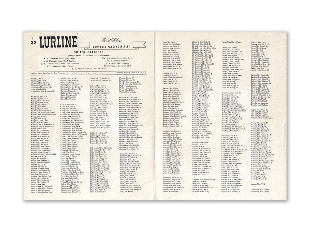 SS Lurline, Matson Lines, Cruise Ship Ephemera, Passenger List, Office ...