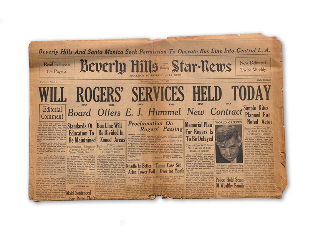 Historic Newspaper, Will Rogers, Collectible Newspaper, Vintage ...