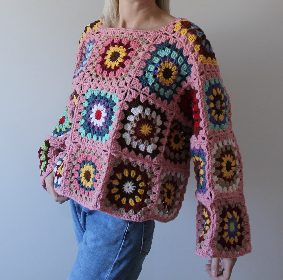 Granny Square Sweater Crochet Sweater Knitted Oversized - Etsy