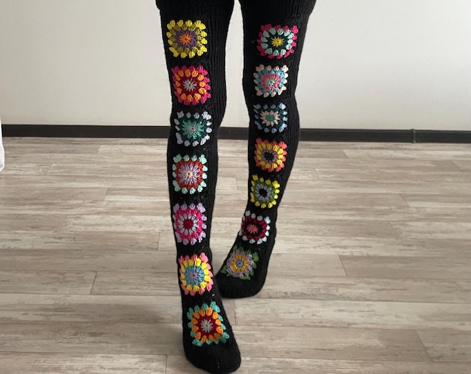 Thigh High Socks Crochet Granny Square Socks Hand Knit Socks - Etsy