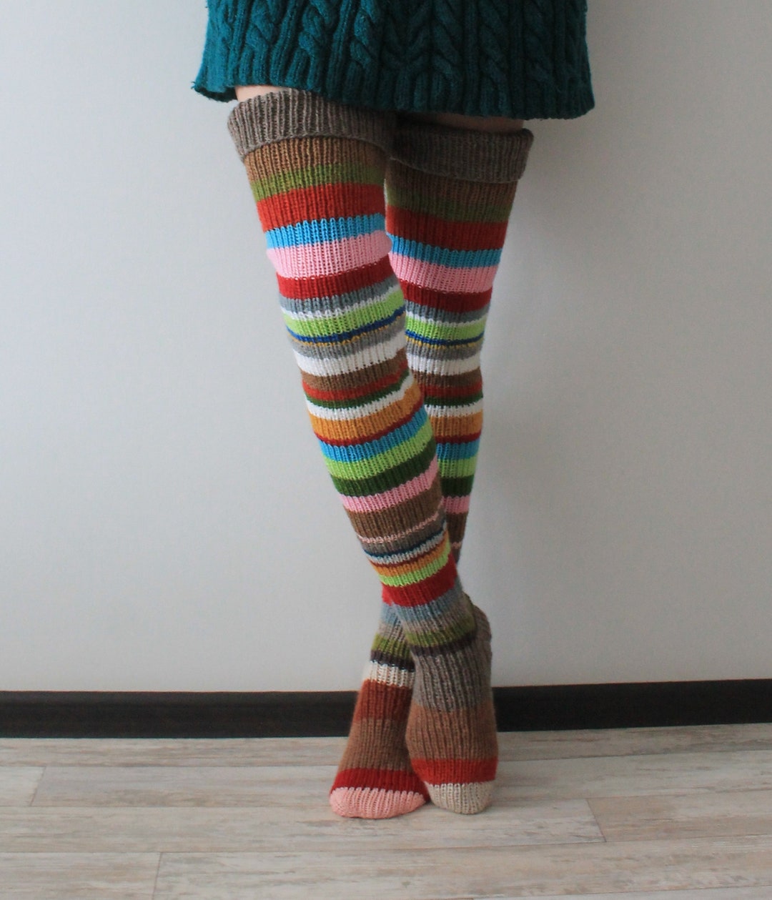 Knee High Socks Hand Knit Socks Thigh High Socks Slouch Socks Striped ...