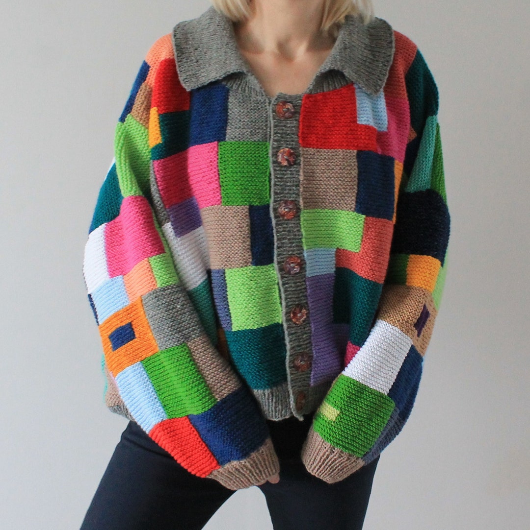 Patchwork Cardigan Chunky Cardigan Oversized Cardigan Hand Knit ...