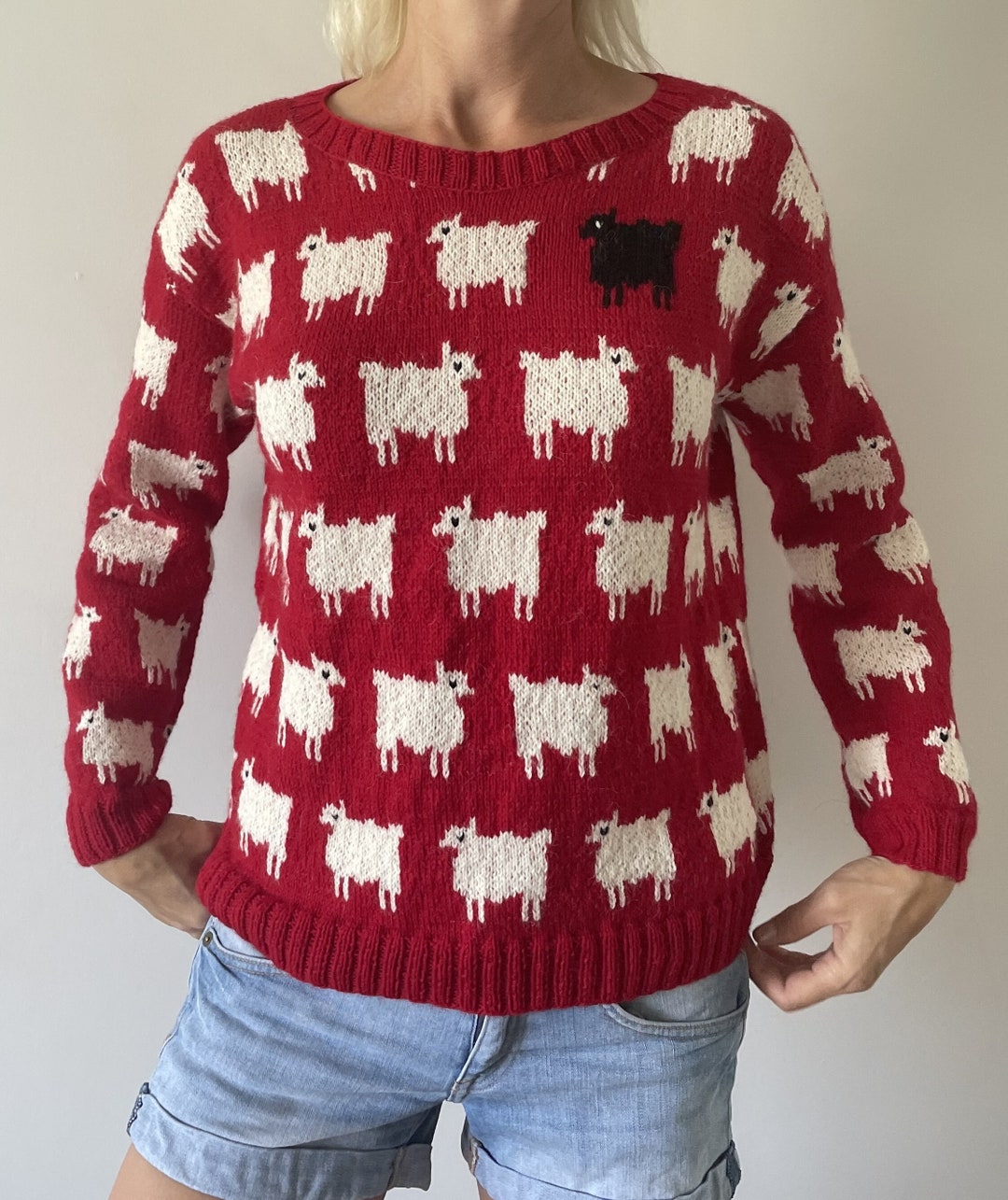 Sheep Sweater Hand Knit Sweater Black Sheep Cottagecore Sweater 80s ...