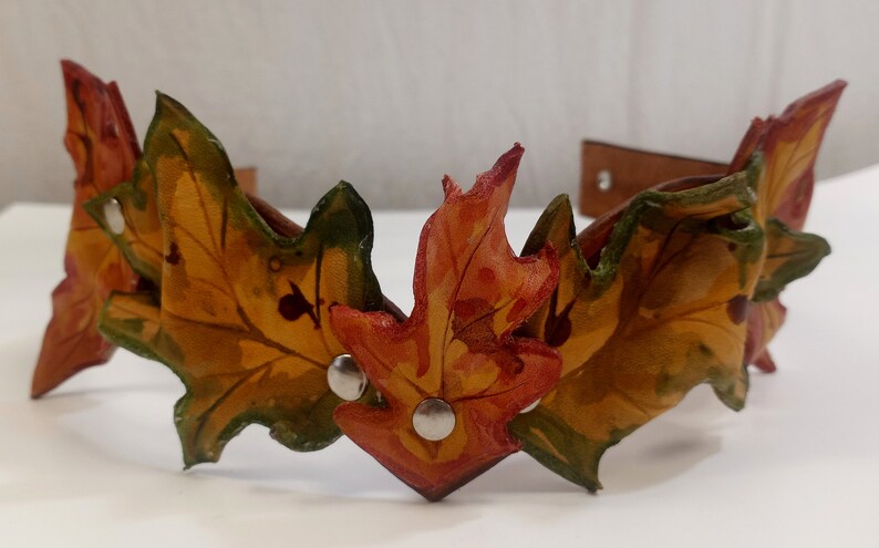 Leather Oak and Maple Leaf Crown Headdress Green Red and | Etsy