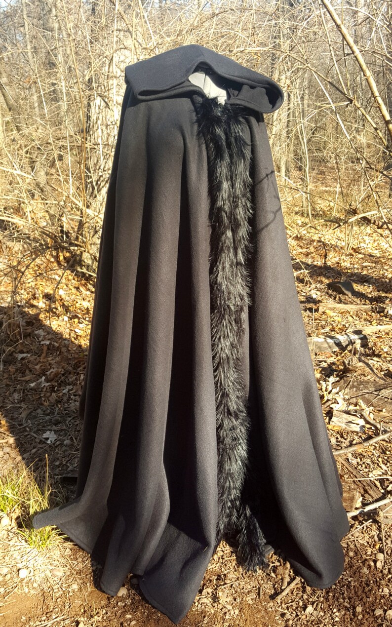 Black Long Cloak with Fur Trim Full Circle Fleece Medieval | Etsy