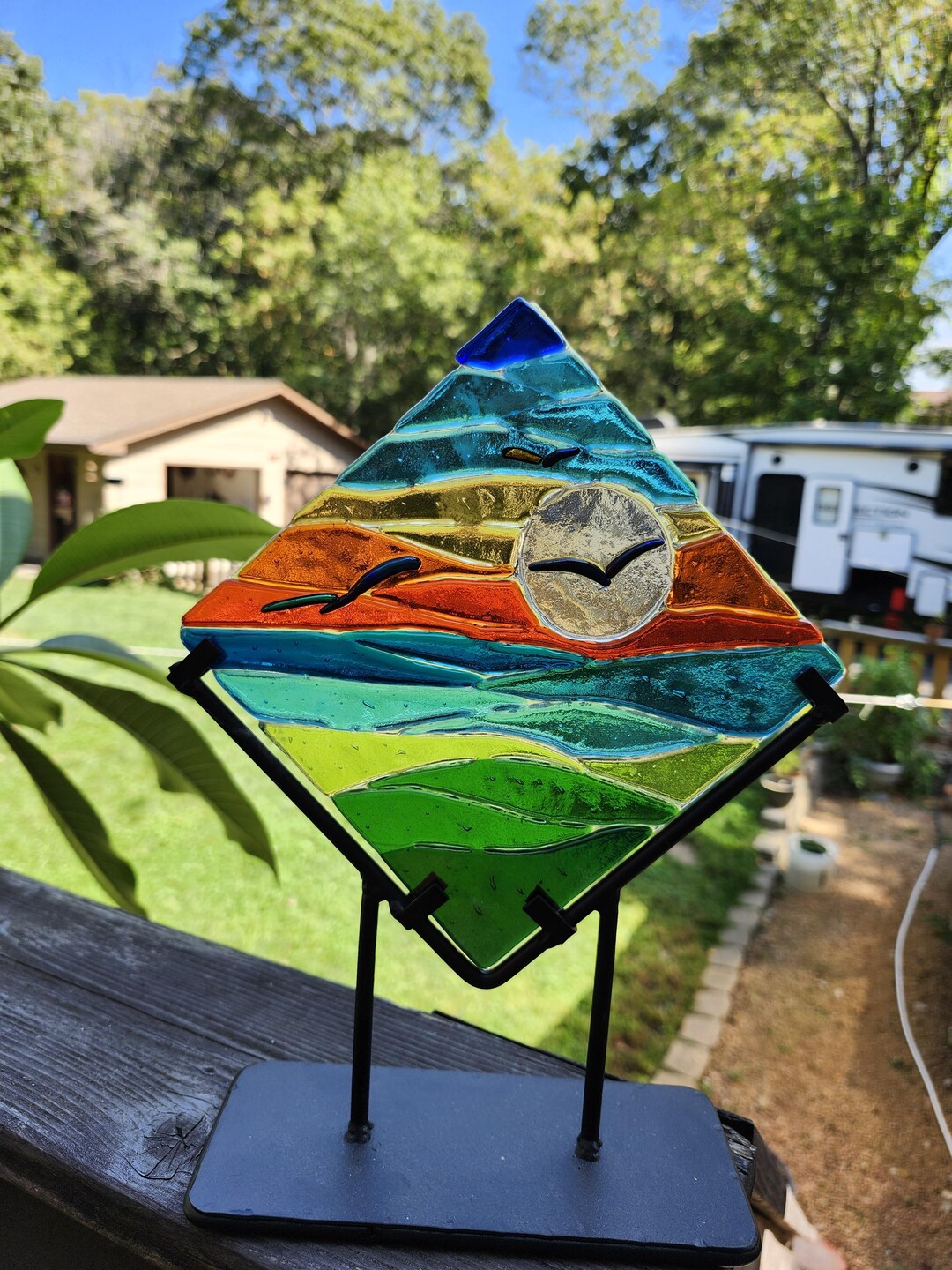 Dichroic Sunset Fused Glass Art - COE96 Iridescent Sun, Black Metal ...