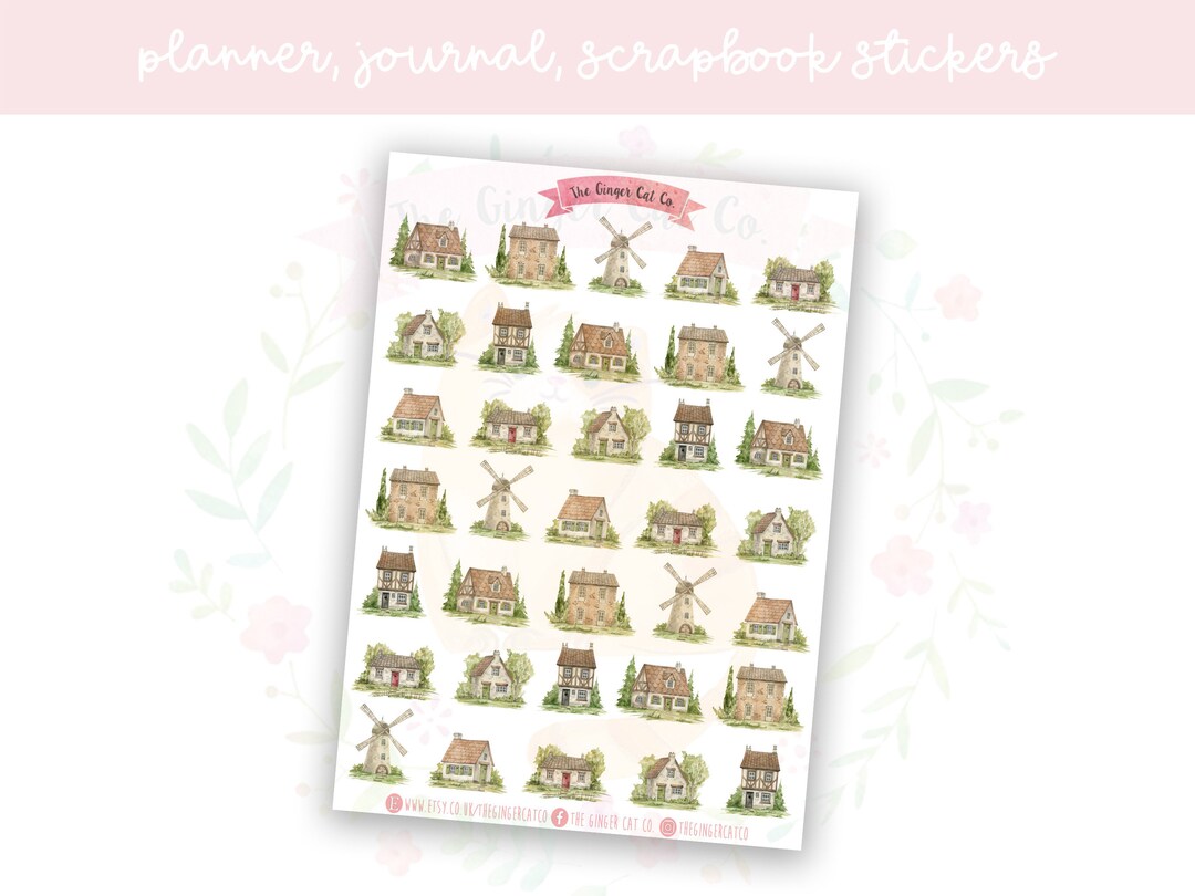 Watercolour Small Cottages Planner Sticker Sheet | Decorative Stickers ...