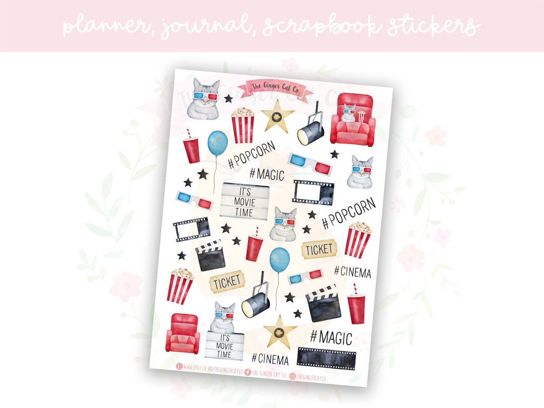 Cat Movie Night Planner Sticker Sheet | Decorative Stickers | Journal ...