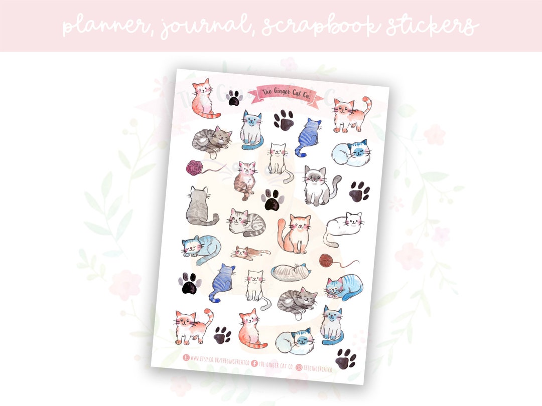Watercolour Cat Planner Sticker Sheet | Decorative Stickers | Journal ...