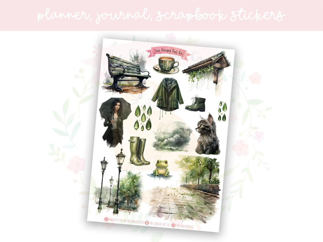 Green Rainy Day Planner Sticker Sheet | Decorative Stickers | Journal ...