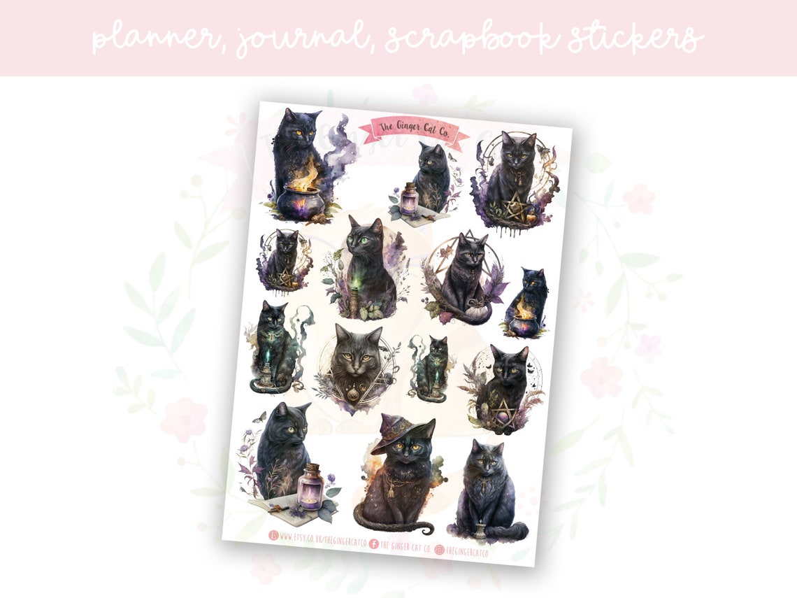 Watercolour Witch's Cat Planner Sticker Sheet | Decorative Stickers ...