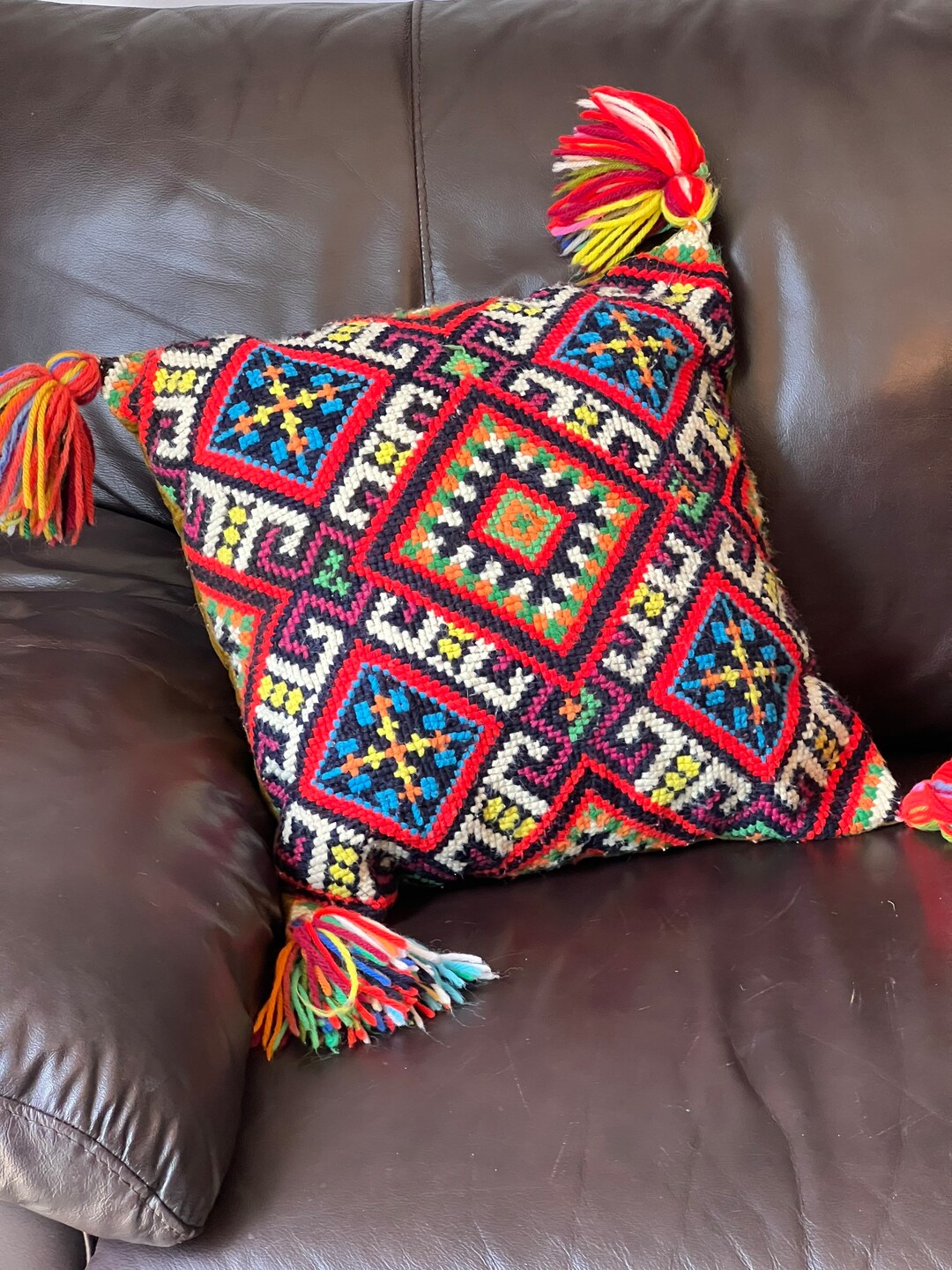 Vintage Mayan Mid Century Crocheted Abstract Design Throw Pillow With ...