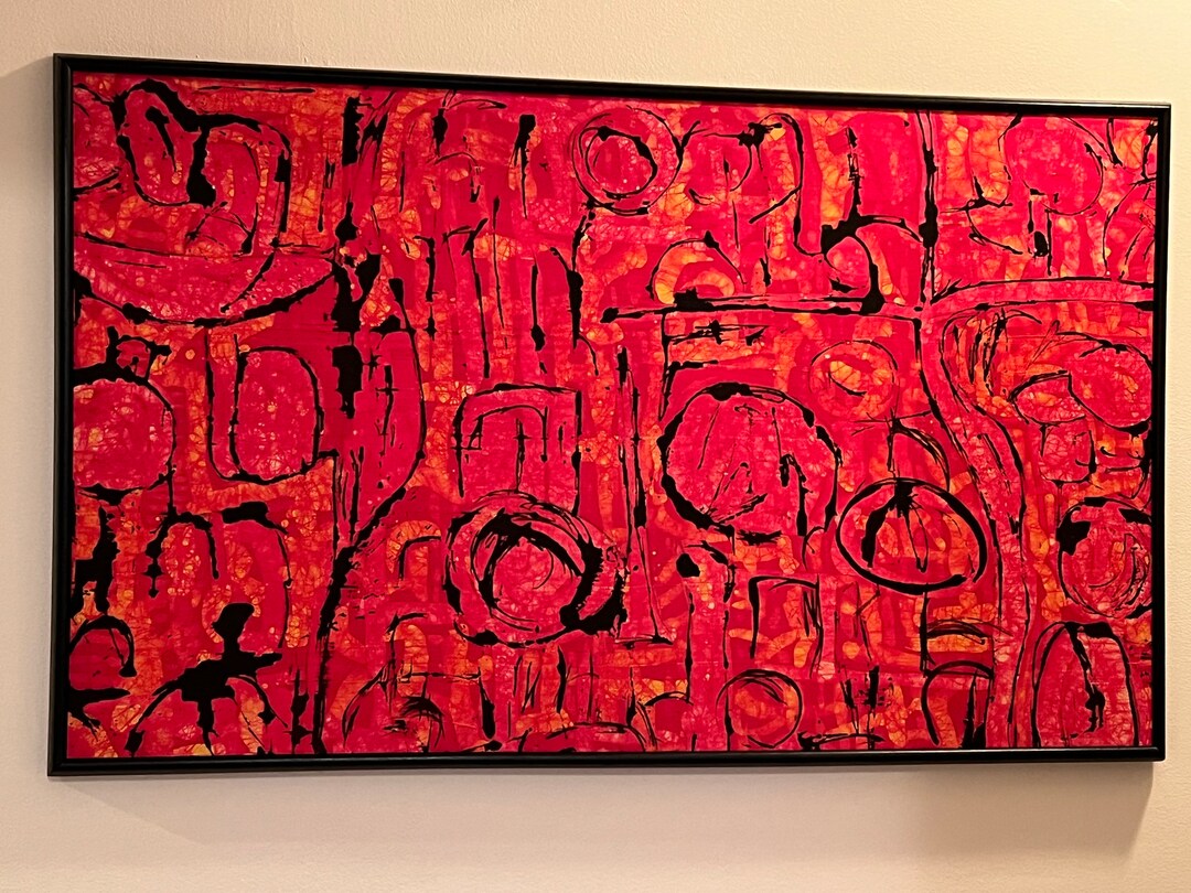 Vintage Large Abstract Red and Black Signed Batik Screen Print in Black ...