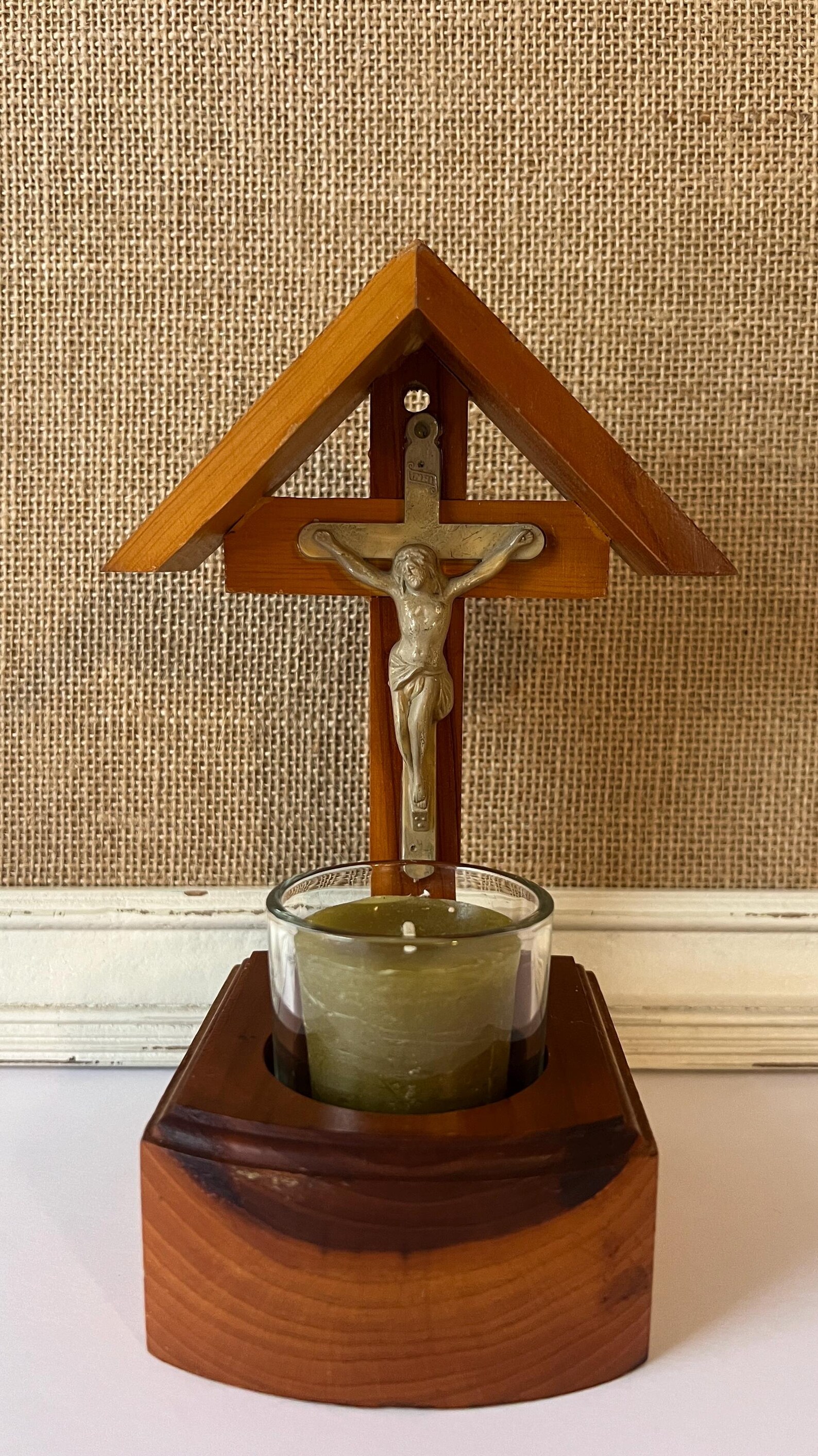 Vintage Solid Oak Crucifix Prayer Shrine With Votive Candle / Religious ...