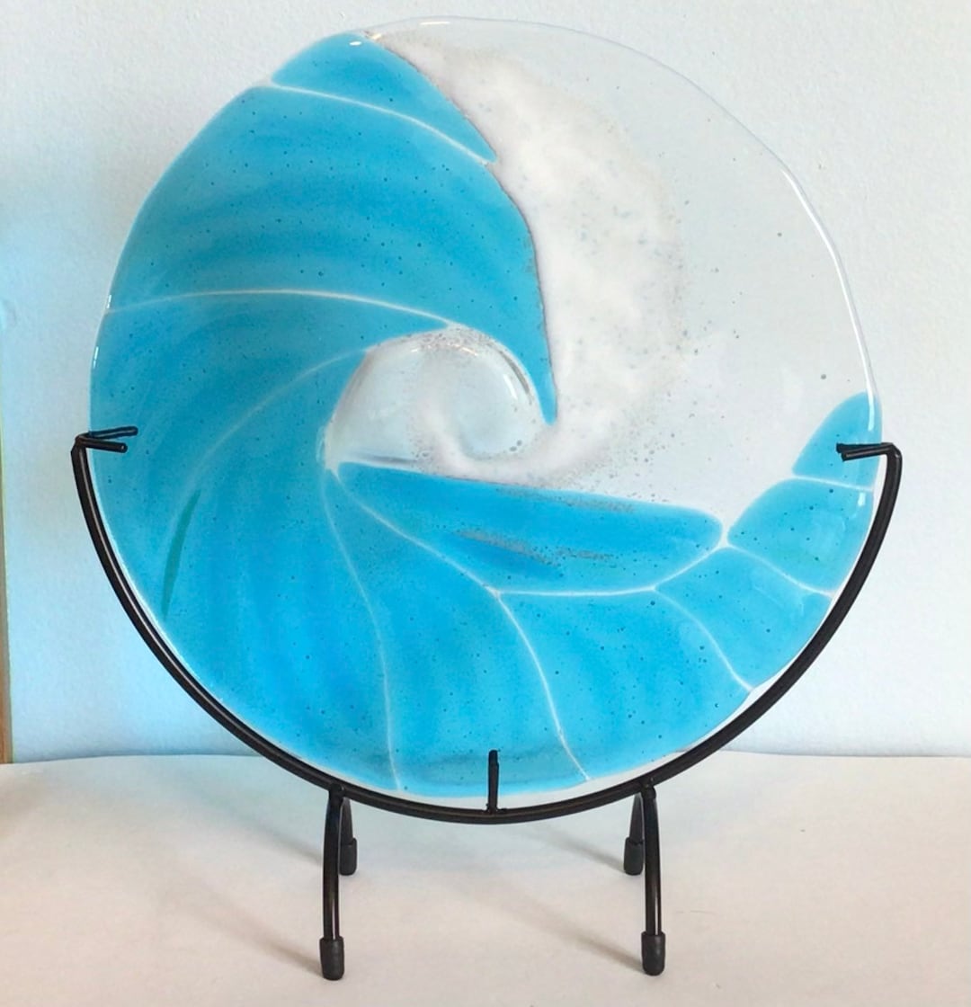 Stained Glass Turquoise Blue Ocean Waves Fused Panel With Wrought Iron ...