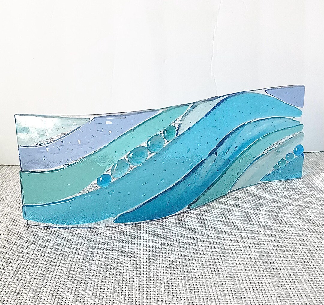 Abstract Turquoise and Blue Ocean Waves Fused Glass Freestanding Panel ...