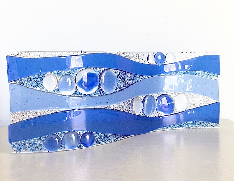 Cobalt and Blue Abstract Ocean Waves Fused Glass Freestanding Art Panel ...