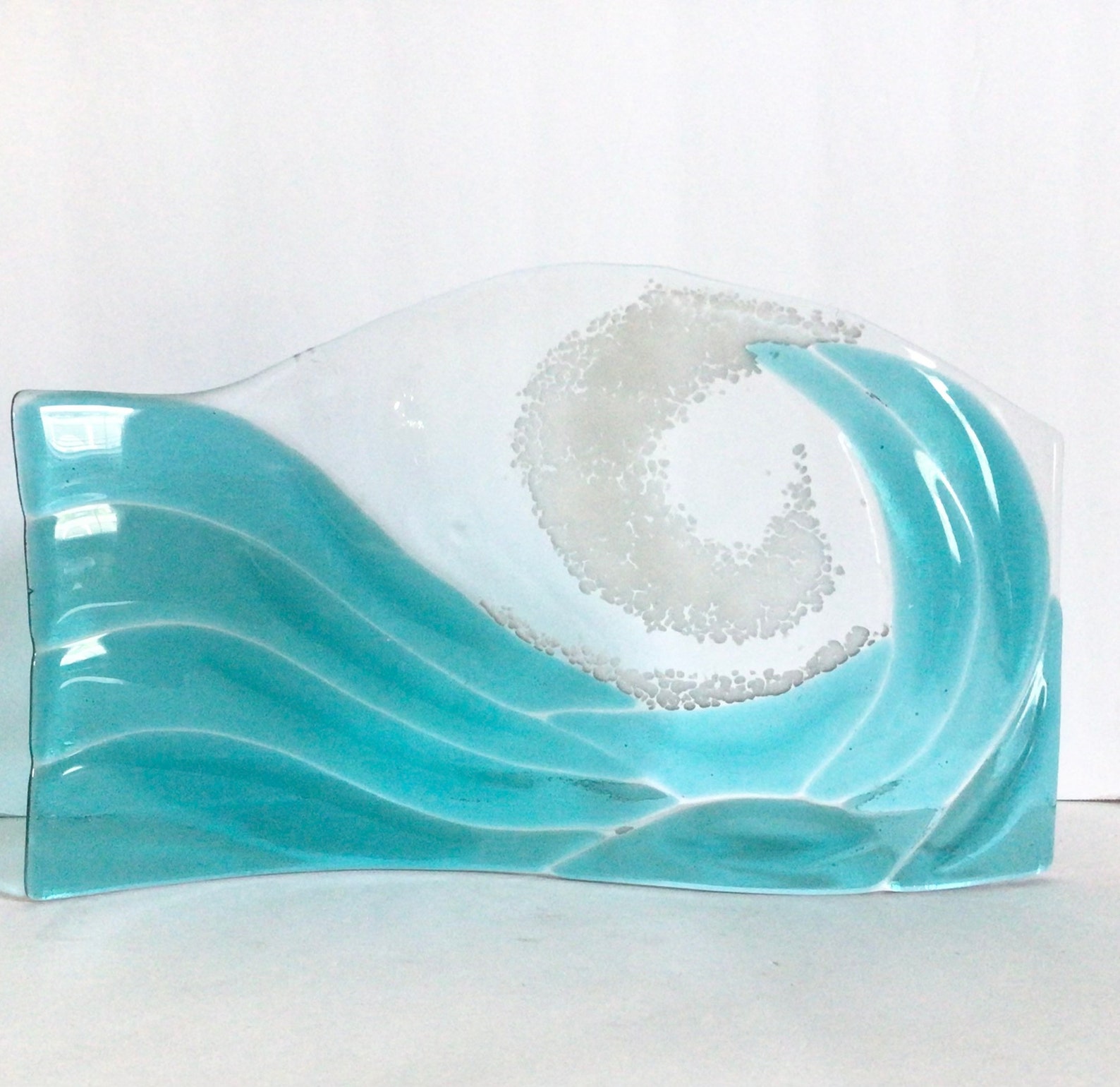 Caribbean Blue Ocean Waves Stained Glass Fused Freestanding Panel SALE ...