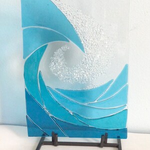 Turquoise Blue Stained Glass Ocean Waves Fused Panel With Wrought Iron ...