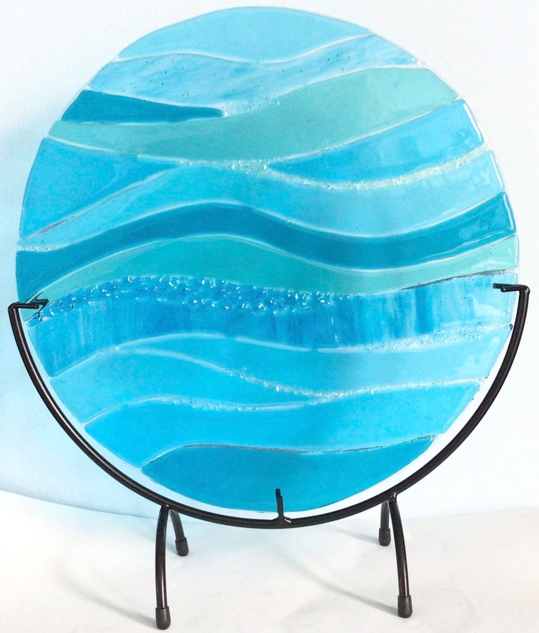 Turquoise Blue Ocean Waves Stained Glass Fused Panel in Metal Base SALE ...