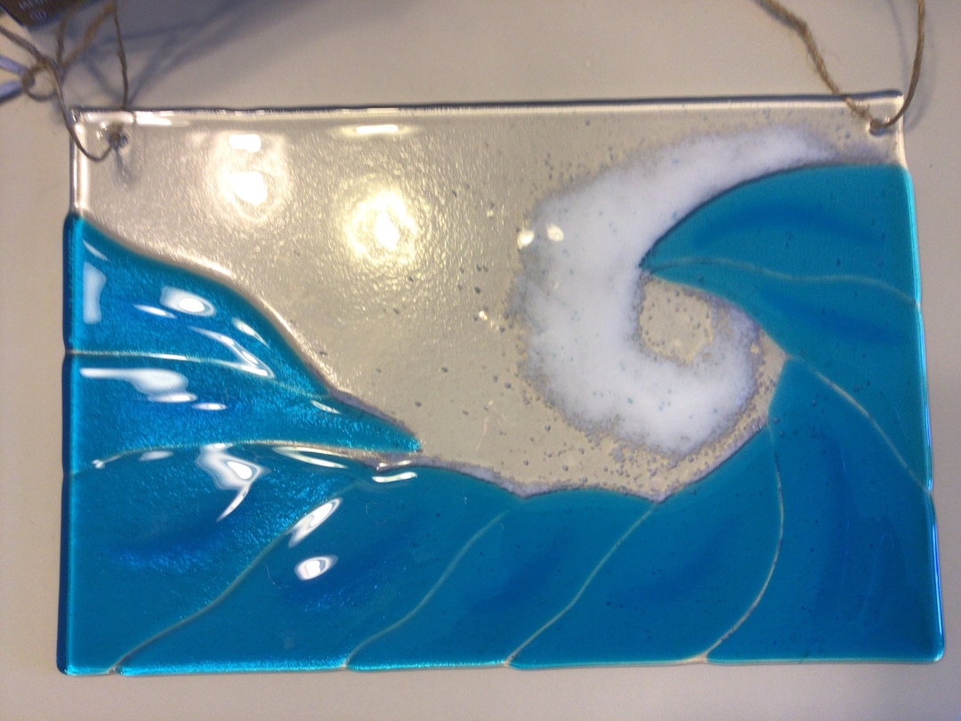 Stained Glass Turquoise Blue Ocean Waves Fused Window Panel With Free ...