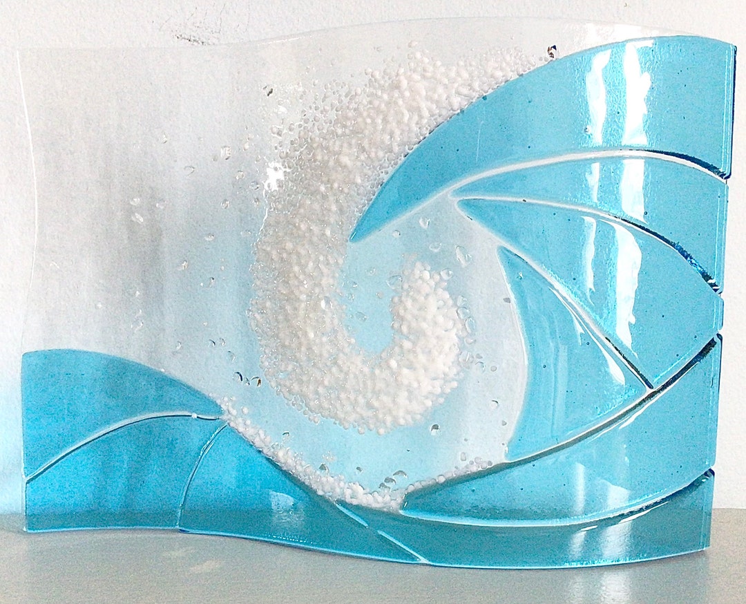 Turquoise Blue Stained Glass Ocean Waves Fused Freestanding Panel - Etsy