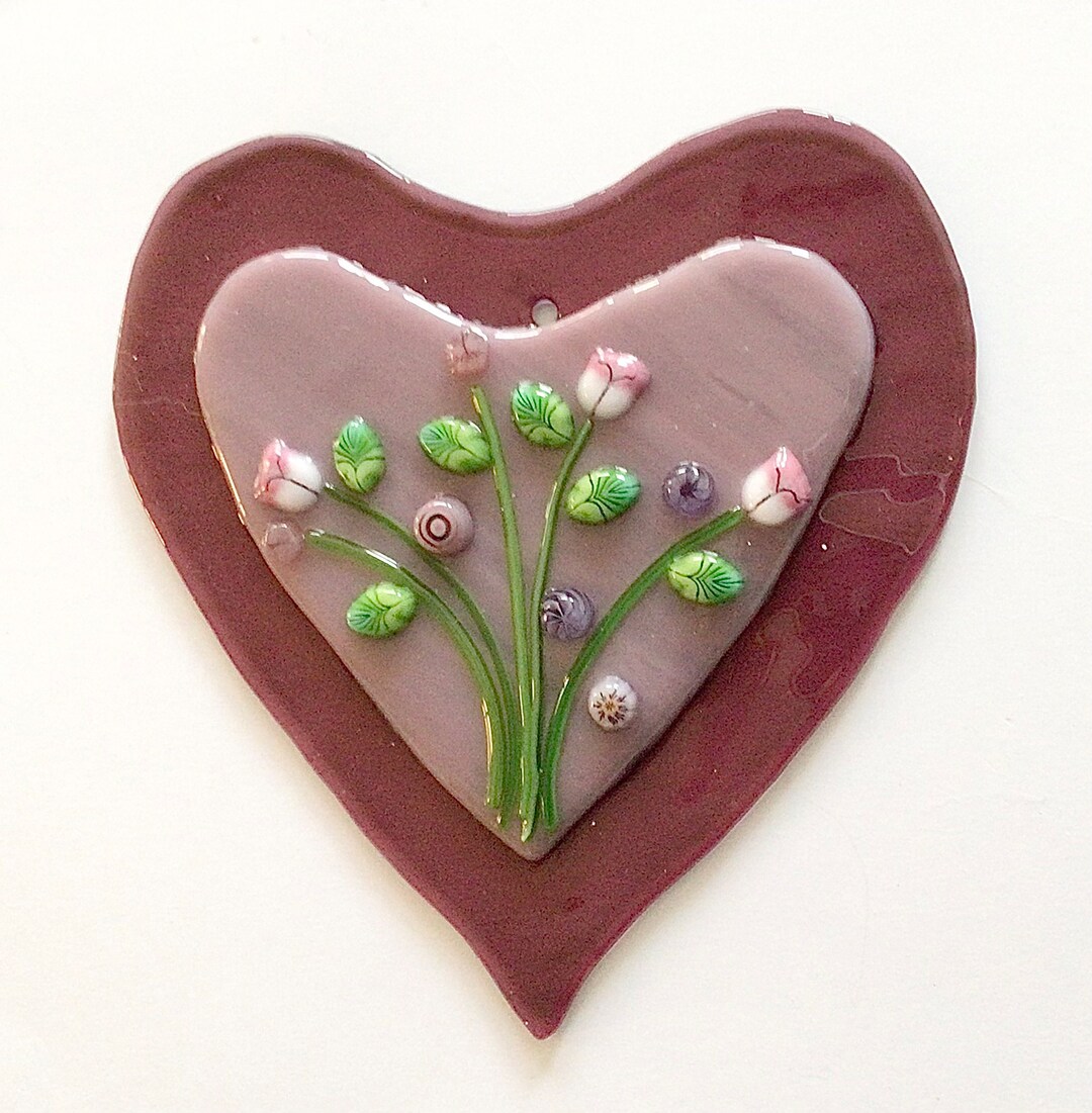 Purple Stained Glass Heart Suncatcher With Murrini - Etsy