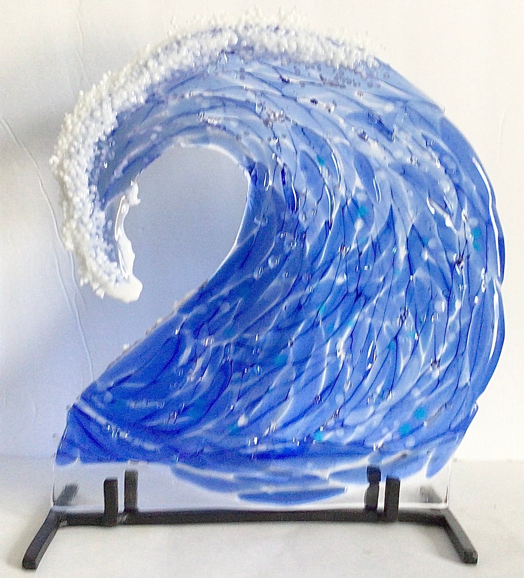 Cobalt Blue Ocean Waves Stained Glass Tabletop Panel With Wrought Iron ...