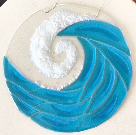 Stained Glass Turquoise Blue Ocean Waves Fused Window Panel | Etsy