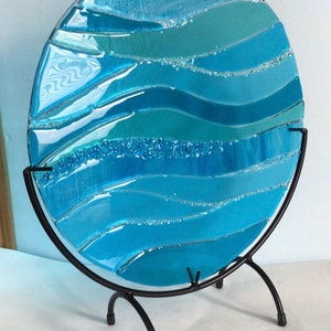 Turquoise Blue Ocean Waves Stained Glass Fused Panel in Metal Base SALE ...