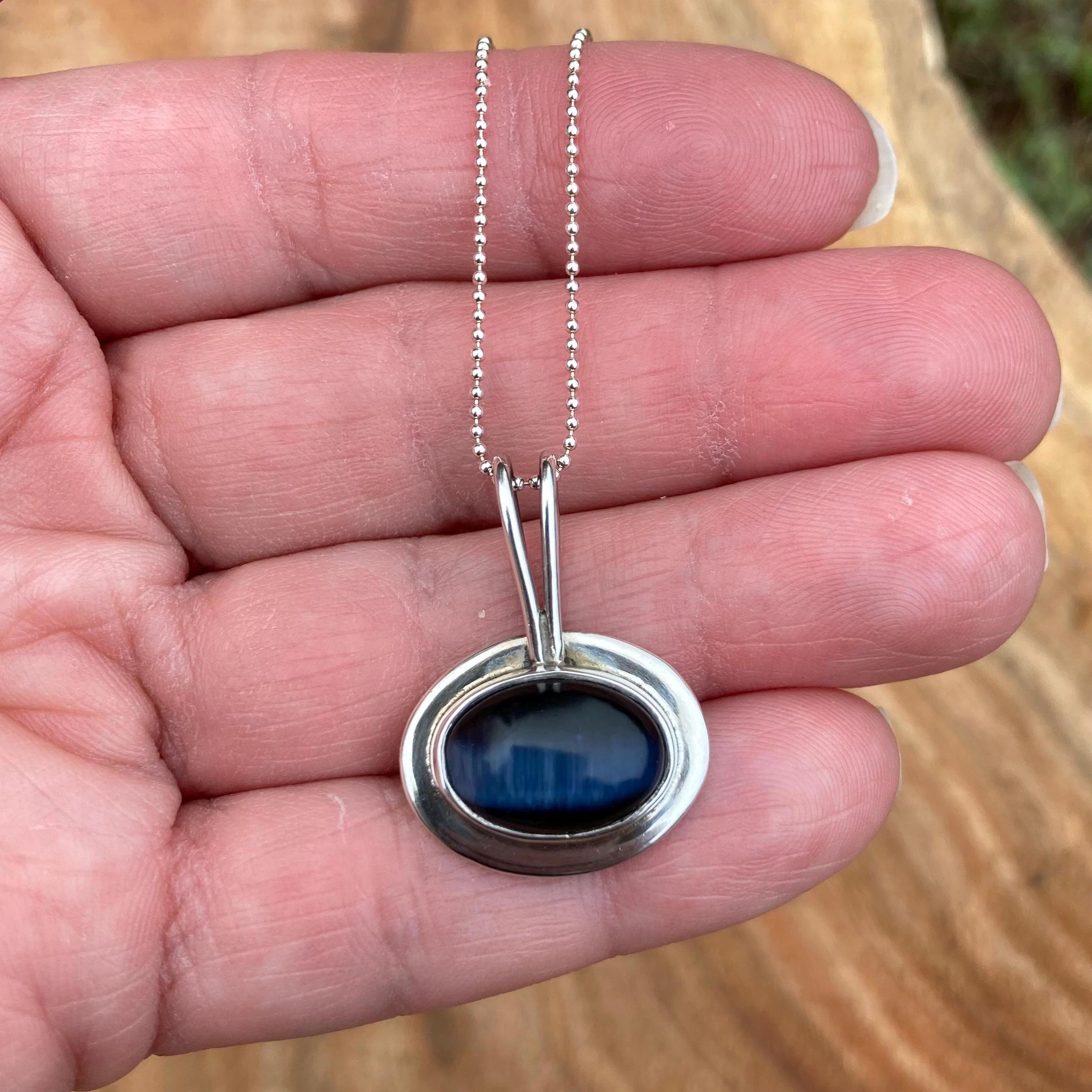 Blue Oval Cats Eye Pendant, Sterling Silver Bead Chain, Vintage Pendant ...
