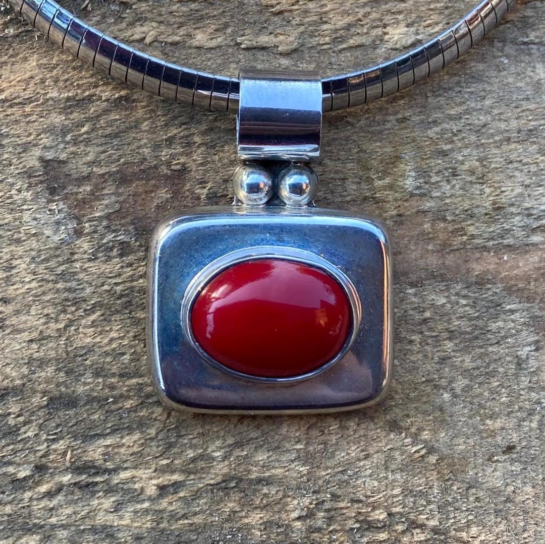 Vintage Sterling Silver Red Stone Pendant Necklace, Rectangle Pendant ...